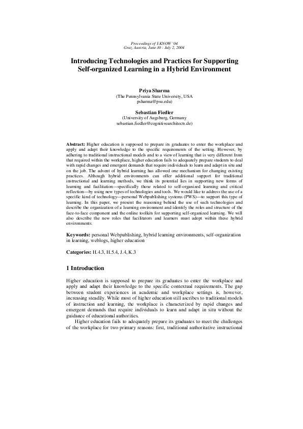 (PDF) Introducing Technologies and Practices for Supporting Self-organized Learning in a Hybrid ...