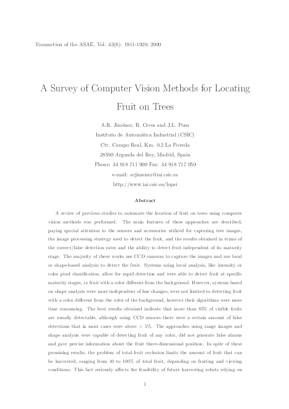 Pdf A Survey Of Computer Vision Methods For Locating Fruit On Trees