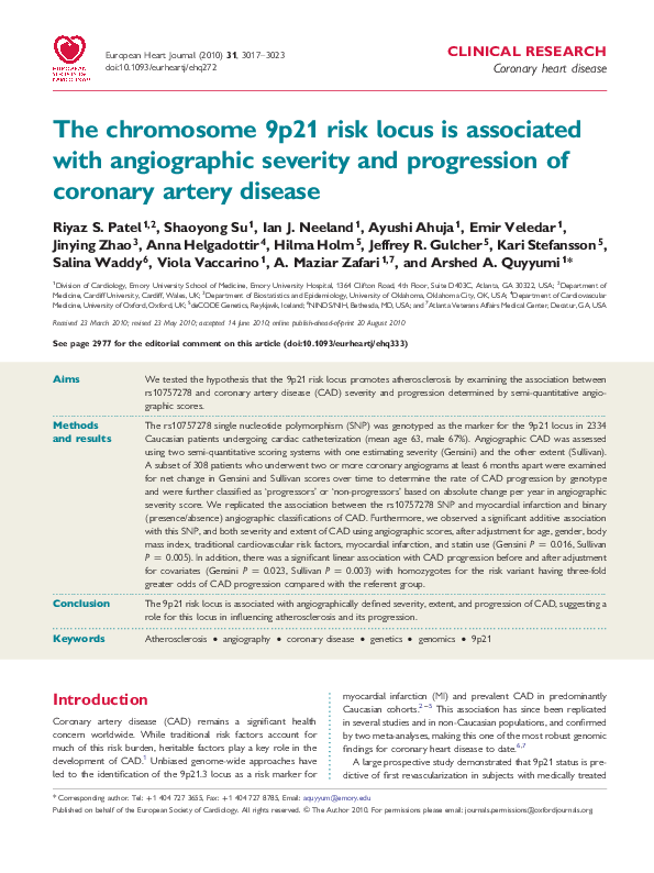 (PDF) The chromosome 9p21 risk locus is associated with angiographic ...