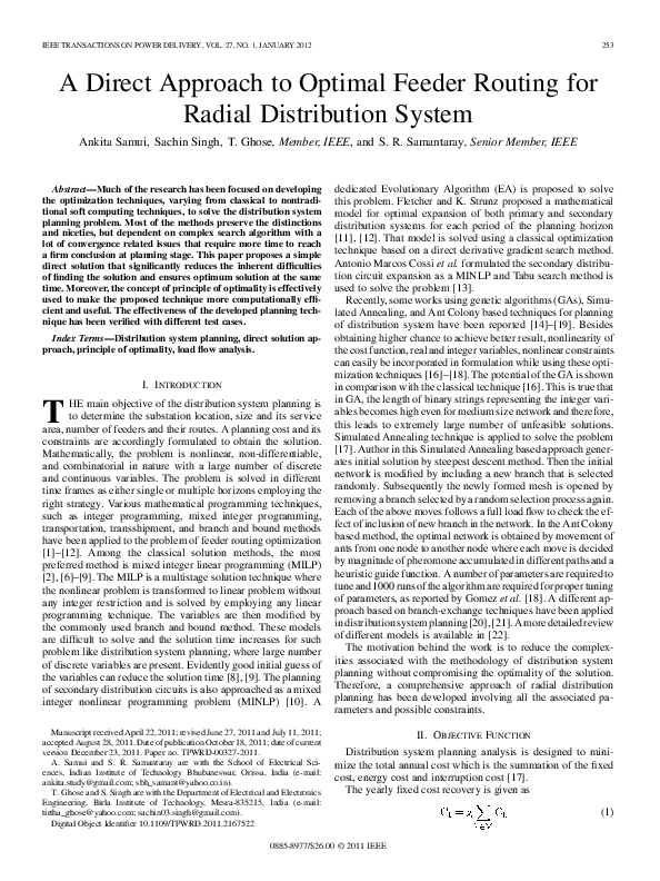 Pdf A Direct Approach To Optimal Feeder Routing For Radial Distribution System 