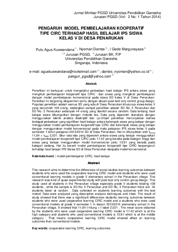 (PDF) PENGARUH MODEL PEMBELAJARAN KOOPERATIF TIPE CIRC TERHADAP HASIL BELAJAR IPS SISWA KELAS V ...