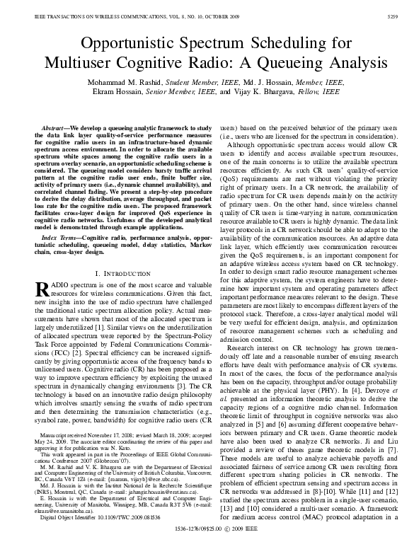 (PDF) Opportunistic spectrum scheduling for multiuser cognitive radio: a queueing analysis