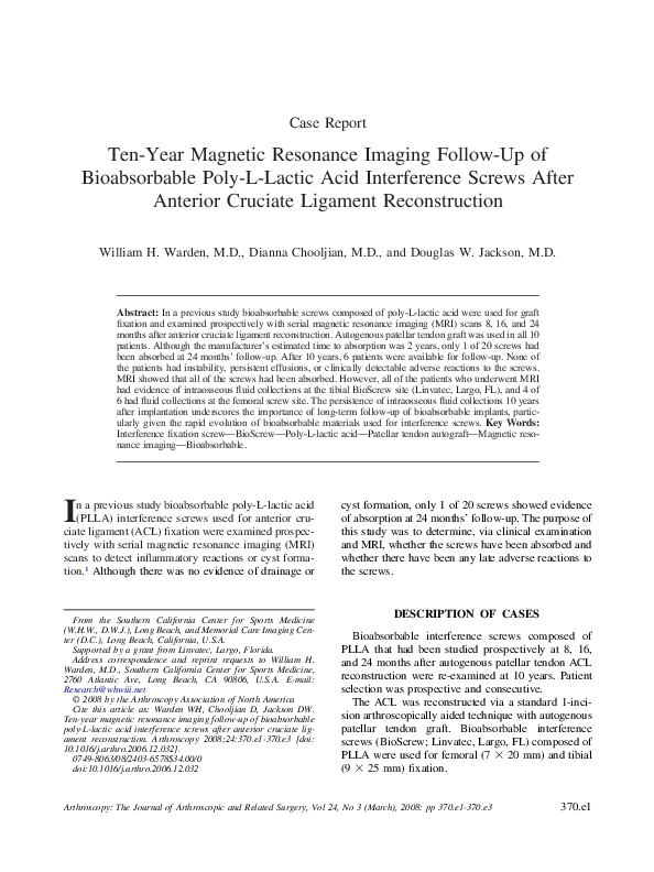 (PDF) Ten-Year Magnetic Resonance Imaging Follow-Up of Bioabsorbable ...