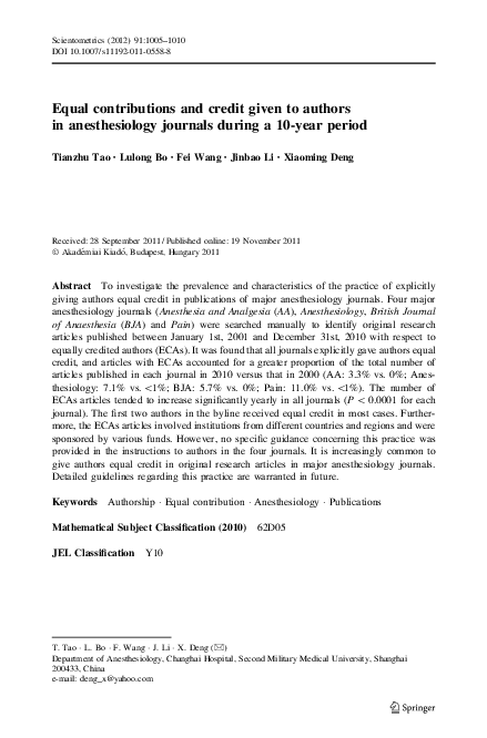 (PDF) Equal contributions and credit given to authors in anesthesiology ...