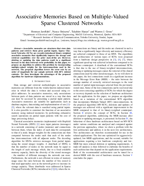 Pdf Associative Memories Based On Multiple Valued Sparse Clustered Networks