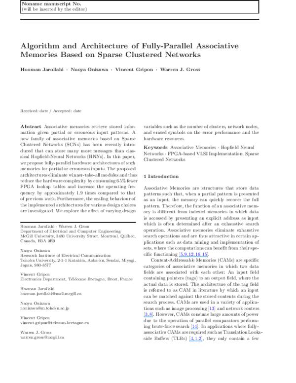 (PDF) Algorithm and Architecture of Fully-Parallel Associative Memories Based on Sparse ...