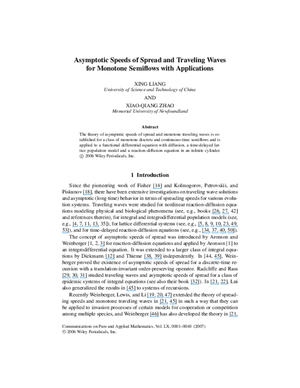 Pdf Asymptotic Speeds Of Spread And Traveling Waves For Monotone
