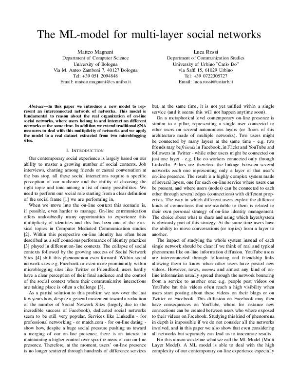 (PDF) The ML-model for multi-layer social networks