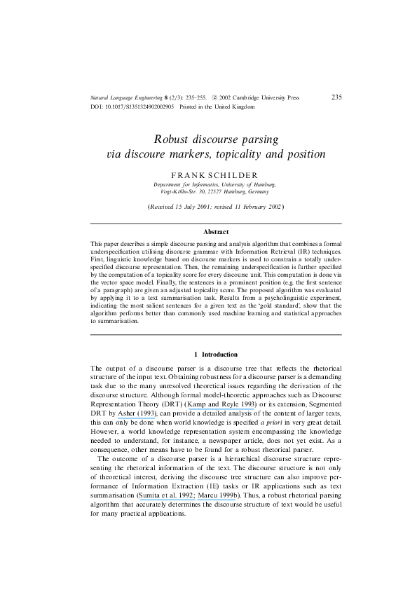 Pdf Robust Discourse Parsing Via Discourse Markers Topicality And