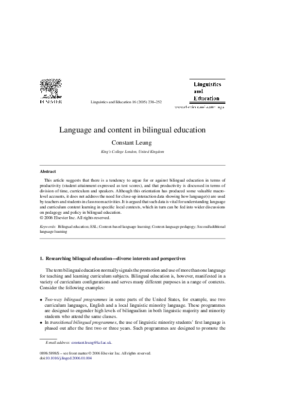 (PDF) Language and content in bilingual education