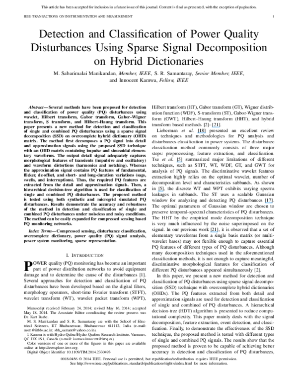 Pdf Detection And Classification Of Power Quality Disturbances Using Time Frequency Analysis