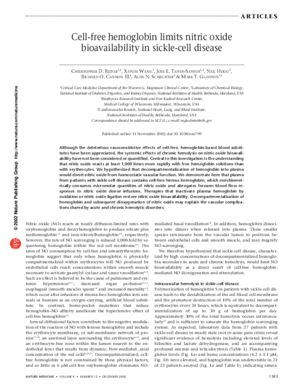 (PDF) Cell-free hemoglobin limits nitric oxide bioavailability in ...