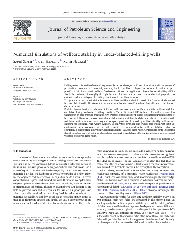 (PDF) Numerical simulations of wellbore stability in under-balanced-drilling wells