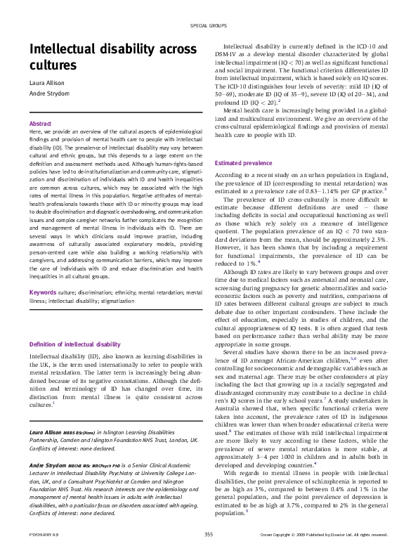 (PDF) Intellectual disability across cultures