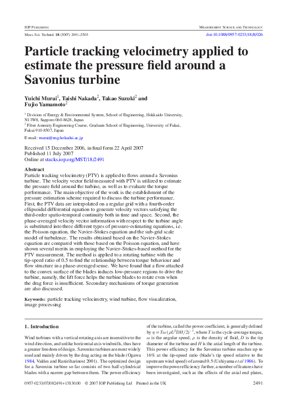 (PDF) Particle tracking velocimetry applied to estimate the pressure field around a Savonius turbine
