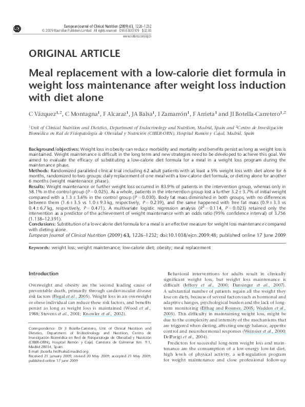 (PDF) Meal replacement with a low-calorie diet formula in weight loss ...