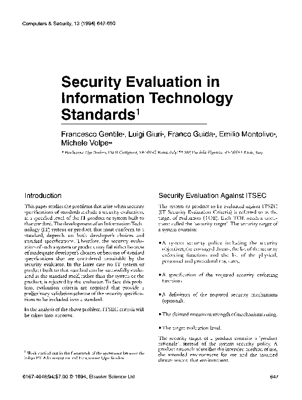 (PDF) Security evaluation in information technology standards