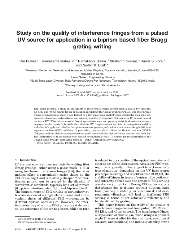 (PDF) Study on the quality of interference fringes from a pulsed UV ...