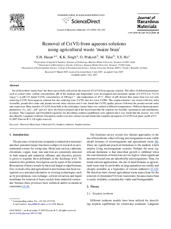 (PDF) Removal of Cr(VI) from aqueous solutions using agricultural waste ‘maize bran’