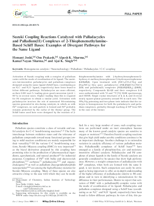 (PDF) Suzuki Coupling Reactions Catalyzed with Palladacycles and Palladium(II) Complexes of 2 ...