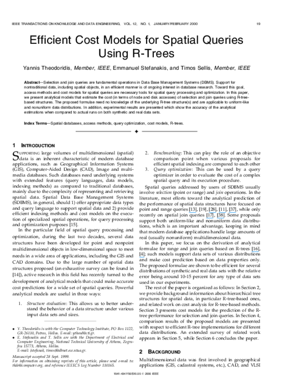 Pdf Efficient Cost Models For Spatial Queries Using R Trees