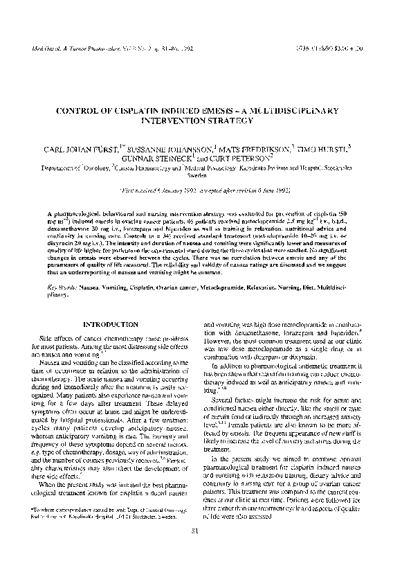 (PDF) Control of cisplatin induced emesis — A multidisciplinary ...
