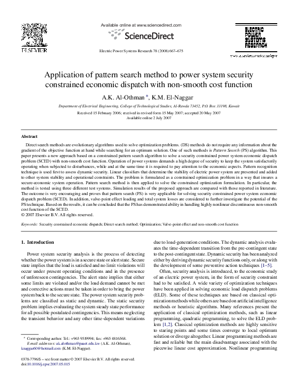 Pdf Application Of Pattern Search Method To Power System Security