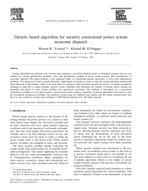 Pdf Genetic Based Algorithm For Security Constrained Power System Economic Dispatch