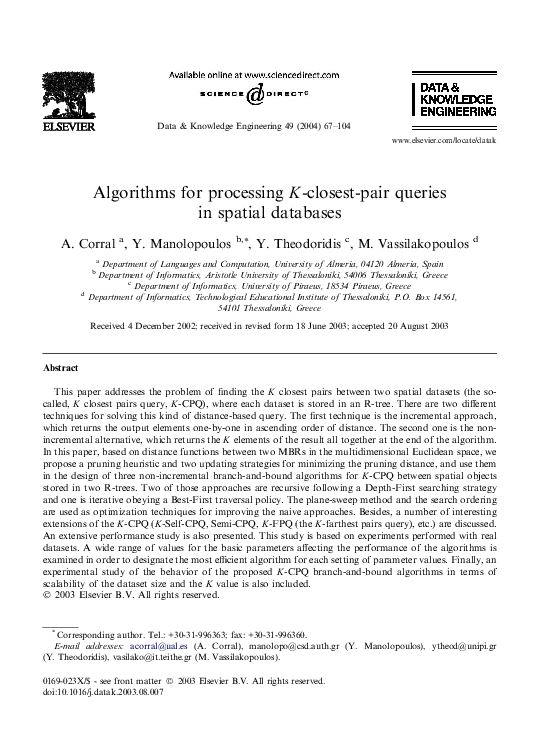 Pdf Algorithms For Processing K Closest Pair Queries In Spatial Databases