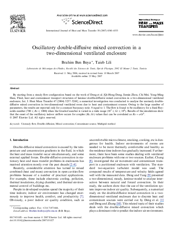 (PDF) Oscillatory double-diffusive mixed convection in a two-dimensional ventilated enclosure