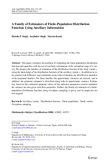 (PDF) A Family of Estimators of Finite-Population Distribution Function Using Auxiliary Information