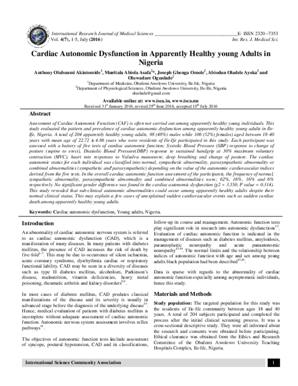 (PDF) Cardiac autonomic dysfunction in apparently healthy young adults