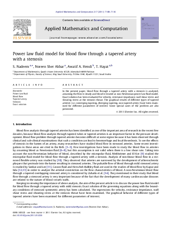 (PDF) Power law fluid model for blood flow through a tapered artery with a stenosis