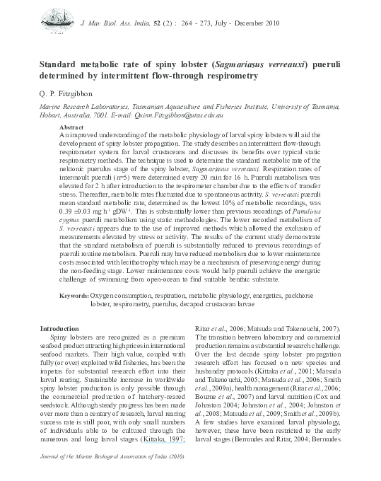 (PDF) Standard metabolic rate of spiny lobster (Sagmariasus verreauxi ...