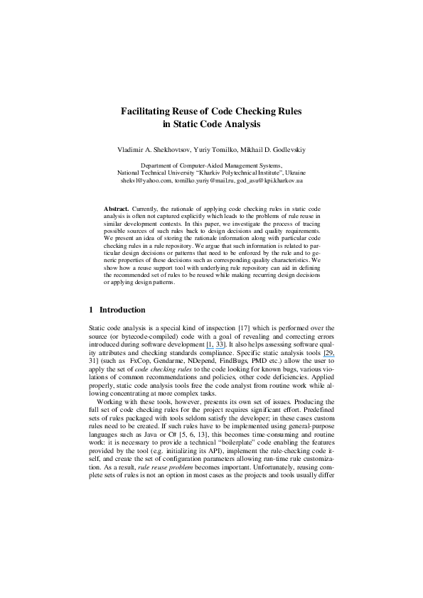 (PDF) Facilitating Reuse of Code Checking Rules in Static Code Analysis
