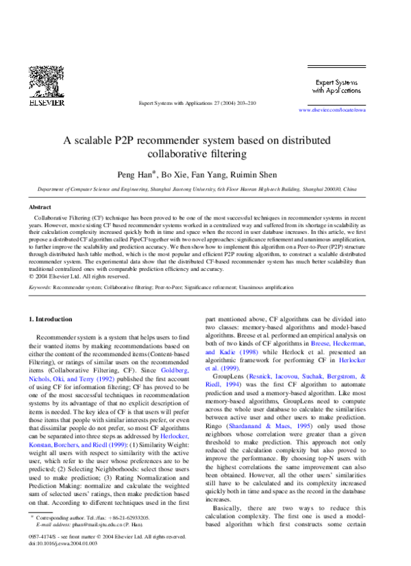 Pdf A Scalable P2p Recommender System Based On Distributed Collaborative Filtering