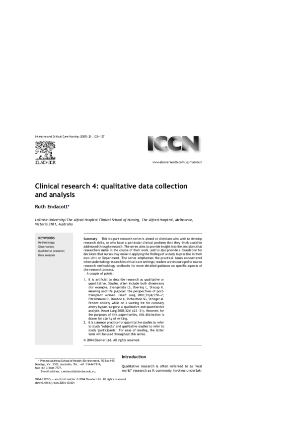(PDF) Clinical research 4: qualitative data collection and analysis