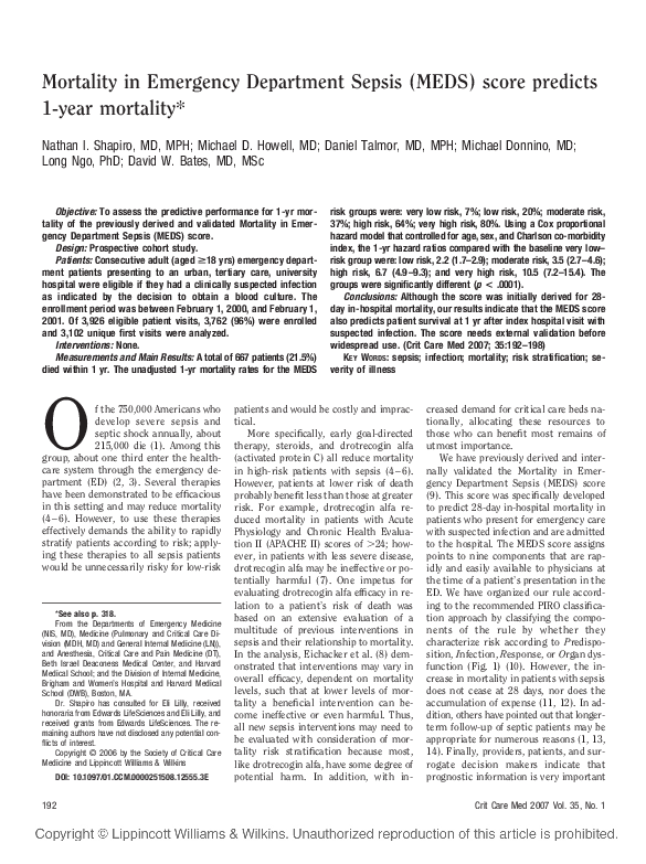 (PDF) Mortality in Emergency Department Sepsis (MEDS) score: A ...