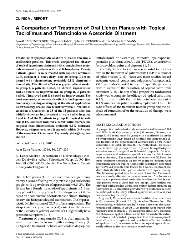 (PDF) A Comparison of Treatment of Oral Lichen Planus with Topical Tacrolimus and Triamcinolone ...