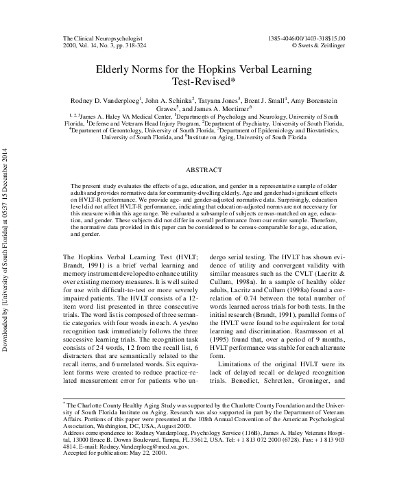 (PDF) Elderly Norms for the Hopkins Verbal Learning Test-Revised