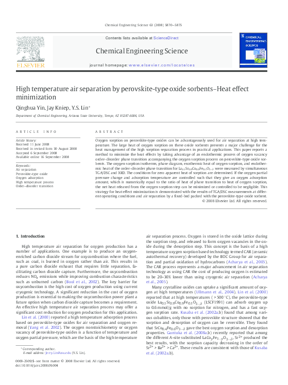 (PDF) High temperature air separation by perovskite-type oxide sorbents ...