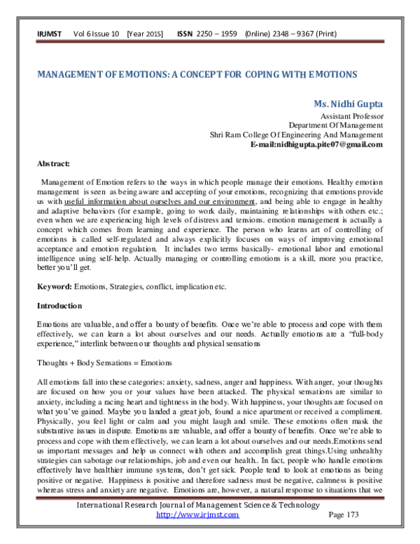 (PDF) MANAGEMENT OF EMOTIONS: A CONCEPT FOR COPING WITH EMOTIONS