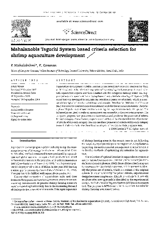 (PDF) Mahalanobis Taguchi System based criteria selection for shrimp aquaculture development