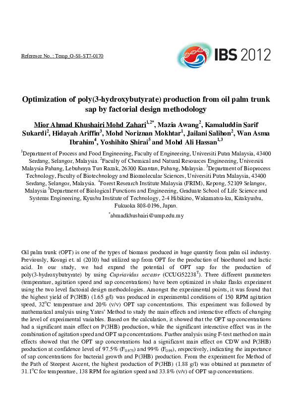 (PDF) Optimization of poly (3-hydroxybutyrate) production from oil palm trunk sap by factorial ...