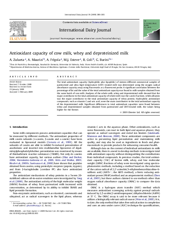 (PDF) Antioxidant capacity of cow milk, whey and deproteinized milk
