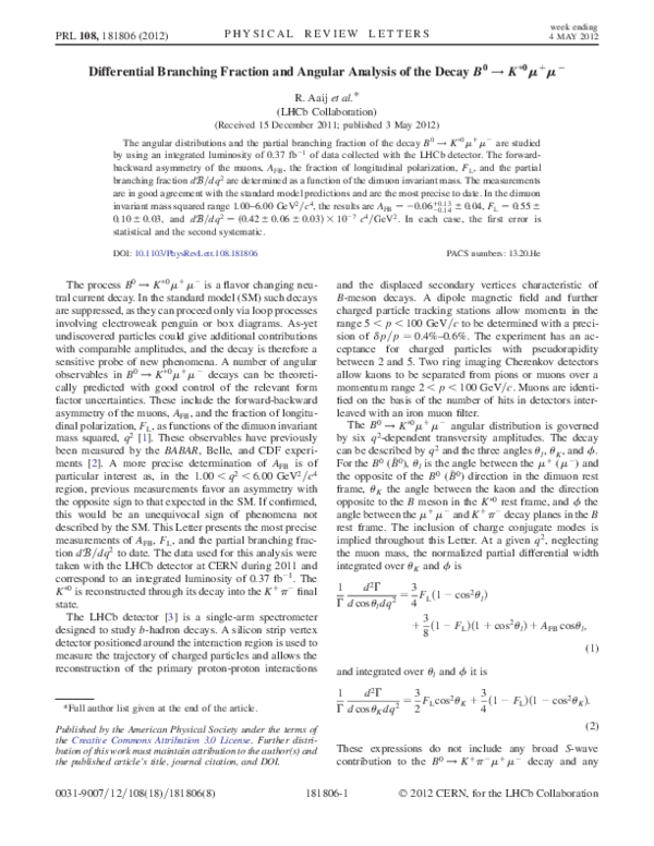 (PDF) Differential branching fraction and angular analysis of the B+ -> K+mu(+)mu(-) decay