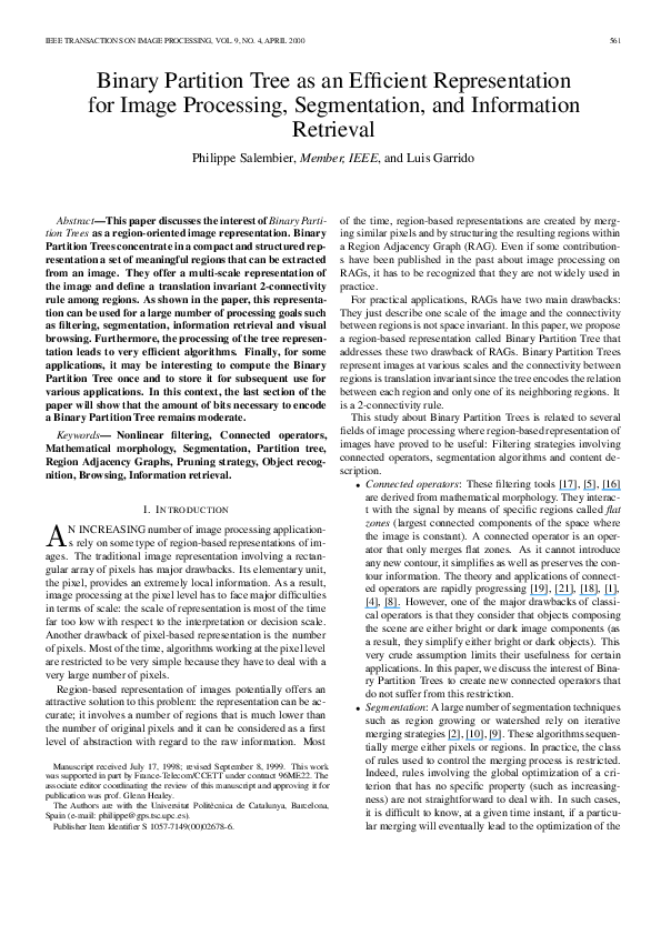 Pdf Binary Partition Tree As An Efficient Representation For Filtering Segmentation And