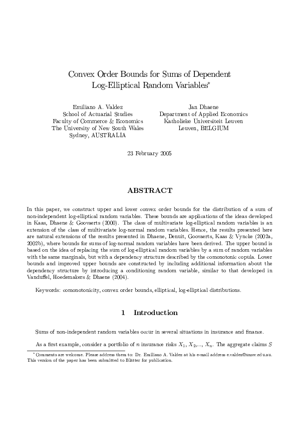 Pdf Convex Order Bounds For Sums Of Dependent Log Elliptical Random Variables