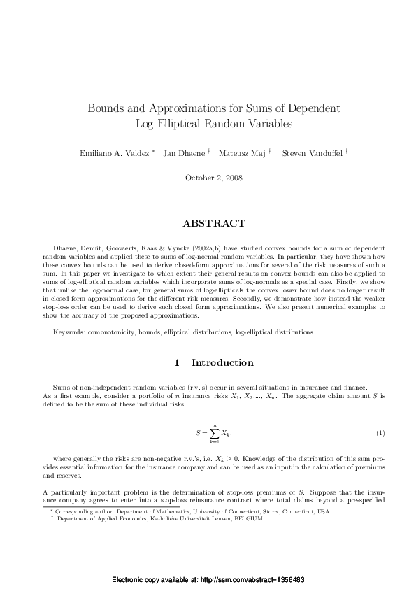 (PDF) Bounds and approximations for sums of dependent log-elliptical random variables