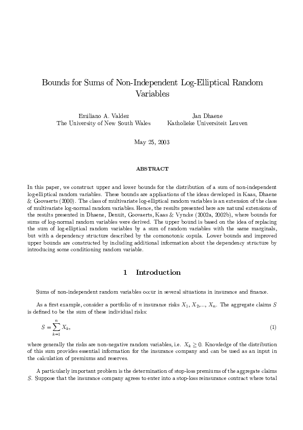 (PDF) Bounds for sums of non-independent log-elliptical random variables